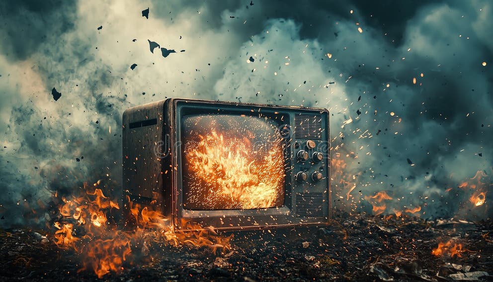 An Exploding Old TV Set in Retro Style, Surrounded by Puffs of Smoke ...