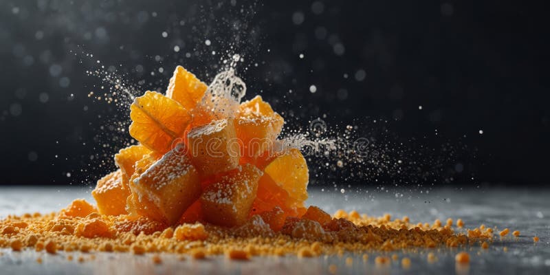 Exploding Orange Dessert with Powdered Sugar. Stock Image - Image of ...