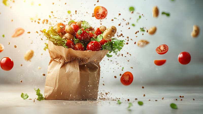 Exploding Paper Bag Filled with Fresh Cherry Tomatoes, Lettuce, Nuts ...