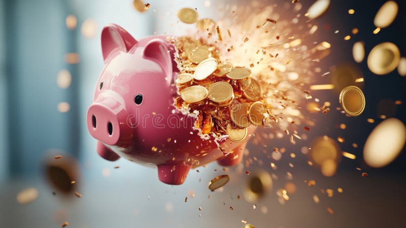 Exploding Piggy Bank with Gold Coins Flying, Financial Crisis Concept ...
