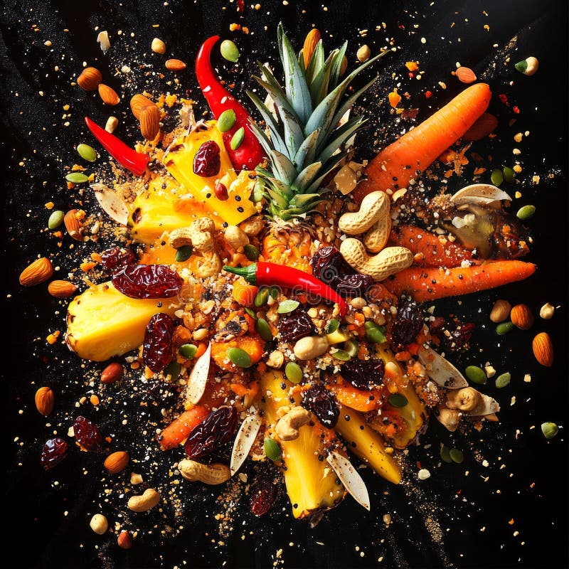 Exploding Pineapple and Nuts Mix with Spices and Vegetables on Dark ...