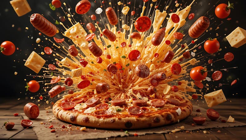 Exploding Pizza with Toppings Flying for a Dynamic Food Concept Stock ...