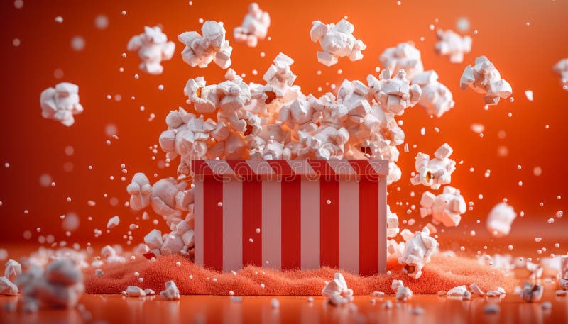 Exploding Popcorn Bucket with Flying Kernels on a Vibrant Orange ...
