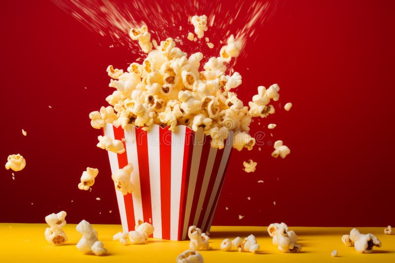 Exploding Popcorn in Classic Striped Box Against Red Backdrop ...