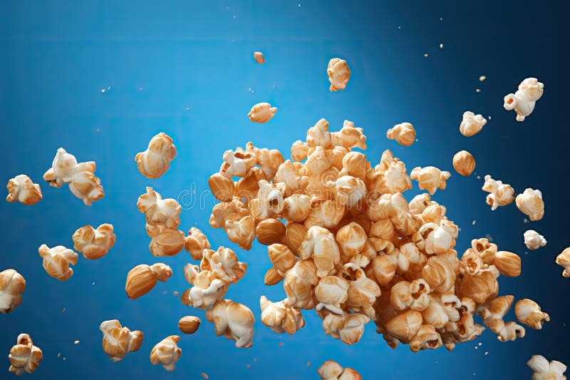 Exploding Popcorn in Mid Air Against a Vivid Blue Background Stock ...