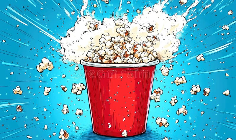 Exploding Popcorn in Red Cup with Dynamic Blue Background and Comic ...