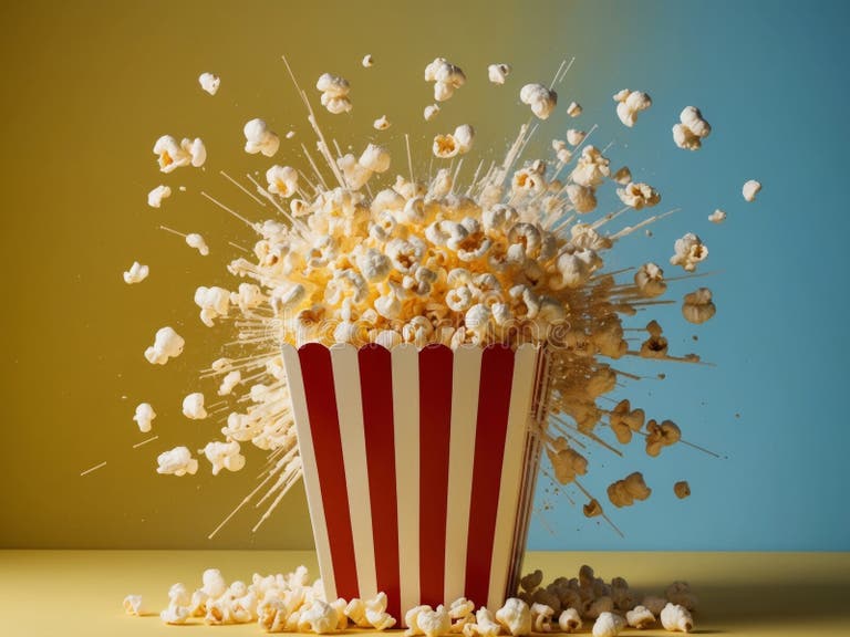 Exploding Popcorn in Striped Box on Yellow and Blue Background. Stock Image - Image of yellow ...