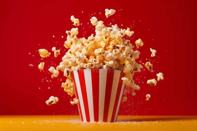 Exploding Popcorn in a Striped Bucket with Dynamic Motion on Red ...