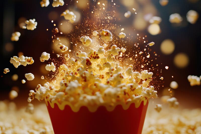 Exploding Popcorn in Vibrant Red Container, Dynamic Motion, Golden ... Exploding Popcorn in Vibrant Red Container, Dynamic Motion, Golden ...