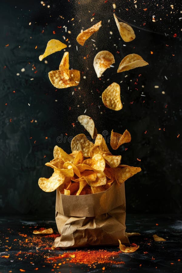 Exploding Potato Chips Motion Against Dark Background Stock Photos ...