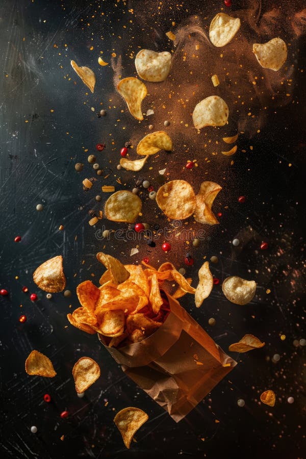 Exploding Potato Chips in Motion Against Dark Background Stock Image ...