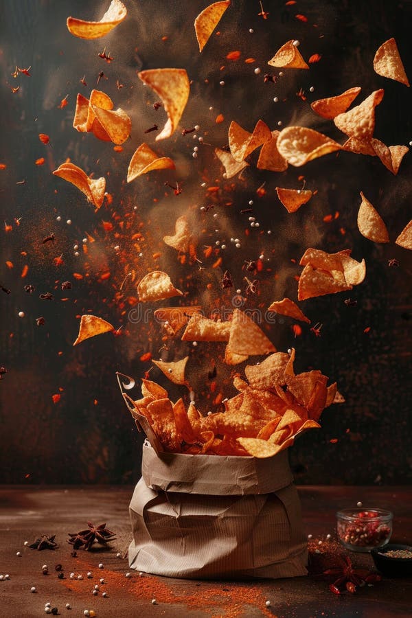 Exploding Potato Chips in Motion Against Dark Background Stock Photo ...