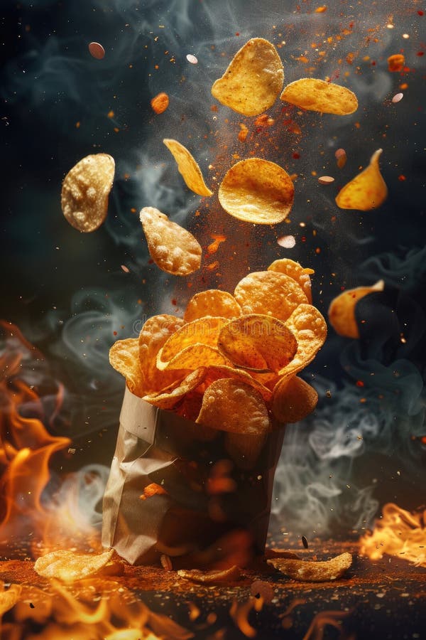 Exploding Potato Chips in Motion Against Dark Background Stock Image ...