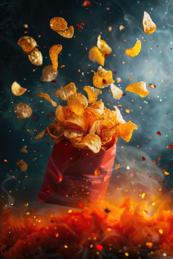 Exploding Potato Chips in Motion Against Dark Background Stock Photo ...