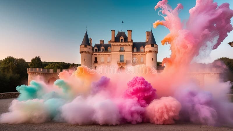 Exploding Powder Smoke in Pastel Colors in Front of a French Castle ...