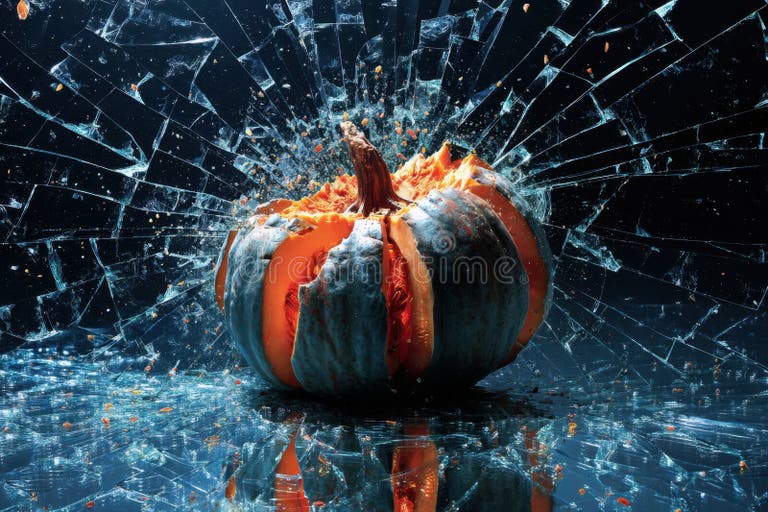 Exploding Pumpkin through Shattered Glass: Dynamic Trend. Stock Photo ...