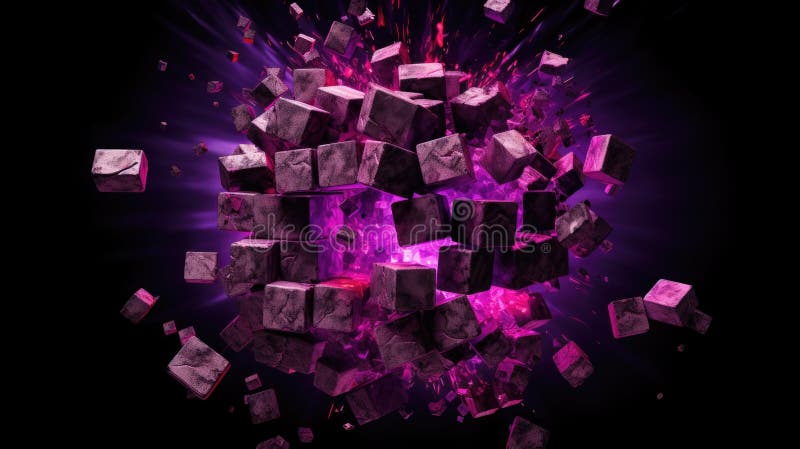 Exploding Purple Cubes on Dark Background, Abstract 3D Render Stock ...