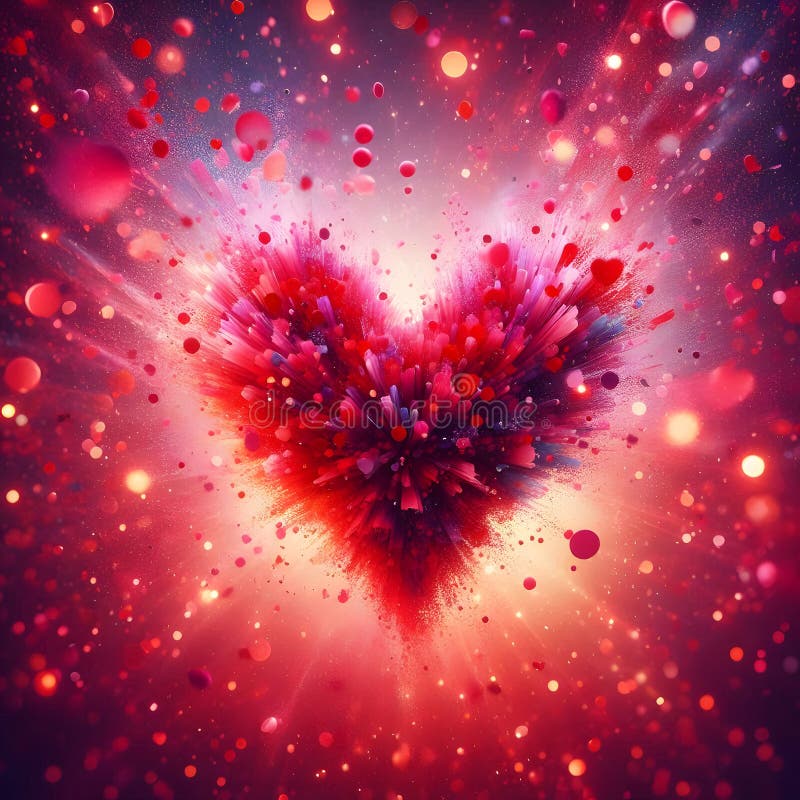 Exploding Red Heart with Particles and Light Streaks on a Dark ...