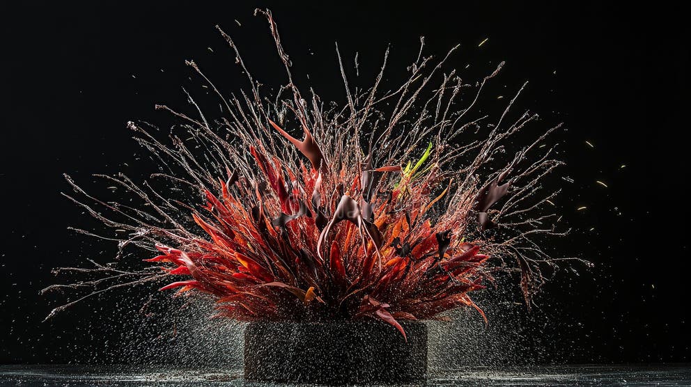 Exploding Red Plant, Dark Studio, Powder, Food Art Stock Image - Image ...