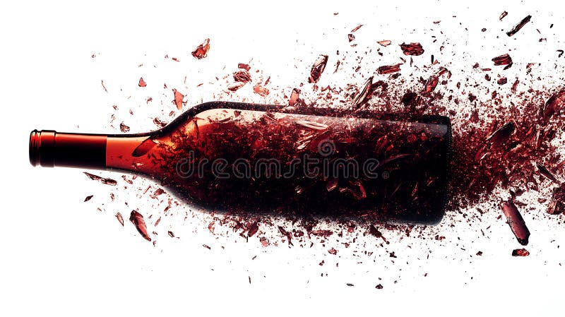 Exploding Red Wine Bottle Shattered on a White Background,conceptual ...