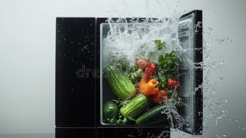 Exploding Refrigerator with Vegetables and Water Splash in Action Stock ...
