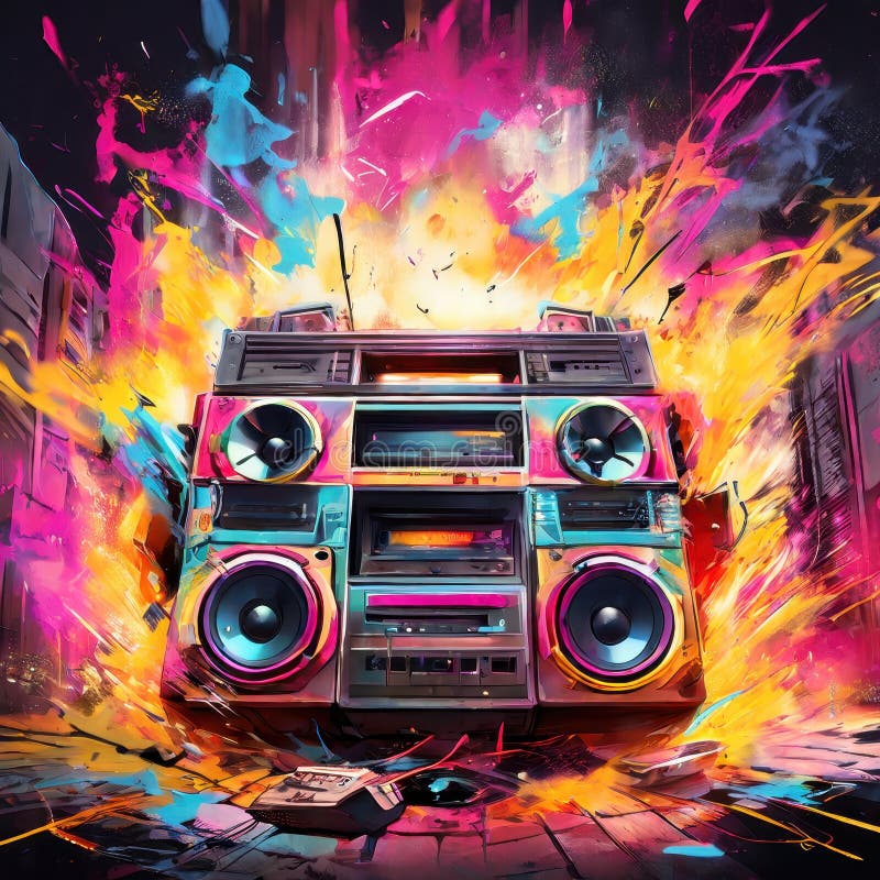 Exploding Retro Boombox with Colorful Visual Effects Stock Photo ...