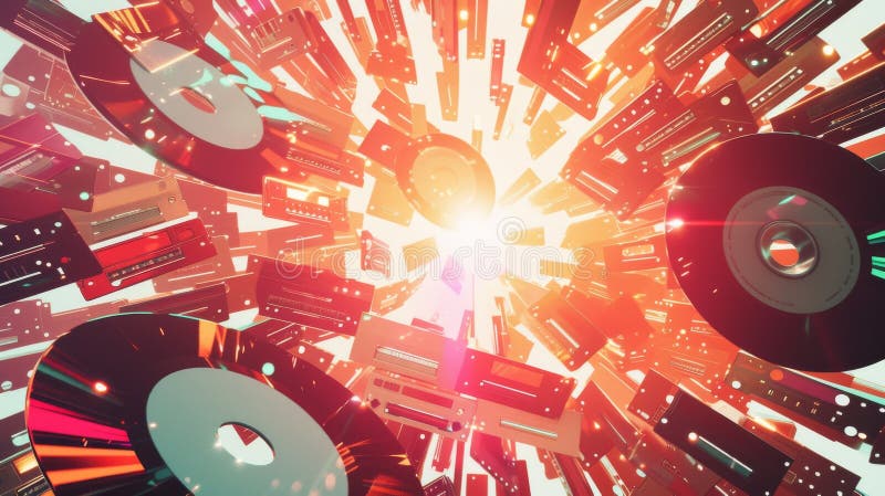 Exploding Retro Cassette Tapes in Red Glow Stock Image - Image of ...