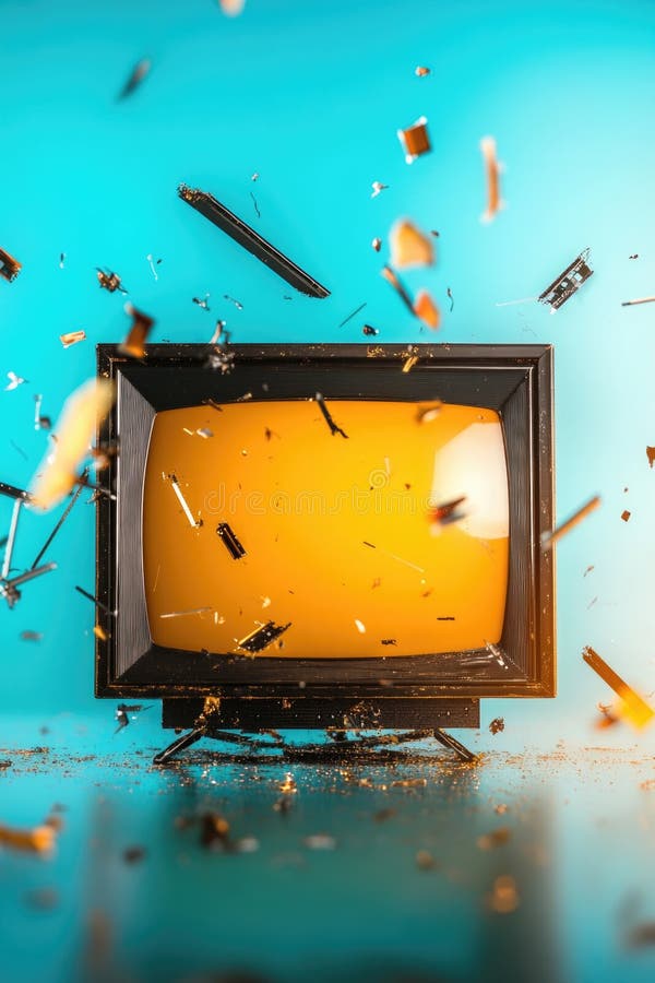 Exploding Retro Tv with Shattered Screen on Vibrant Blue Background ...