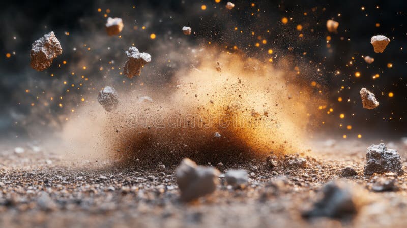 Exploding Rocks and Dust Cloud Creating a Dramatic Scene Stock ...