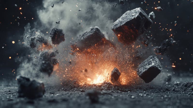 Exploding Rocks Fiery Debris Dramatic Impact Scene Stock Illustration ...