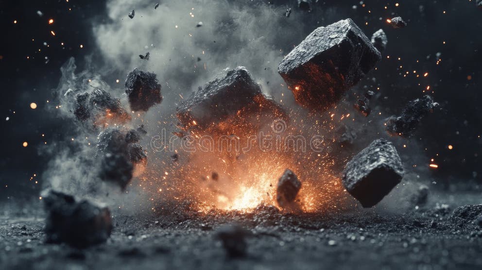 Exploding Rocks Fiery Debris Dramatic Impact Scene Stock Illustration ...