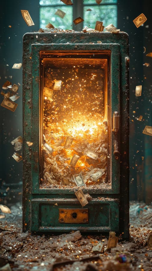 Exploding Safe with Money Flying Out in Dramatic Flames Stock Photo ...
