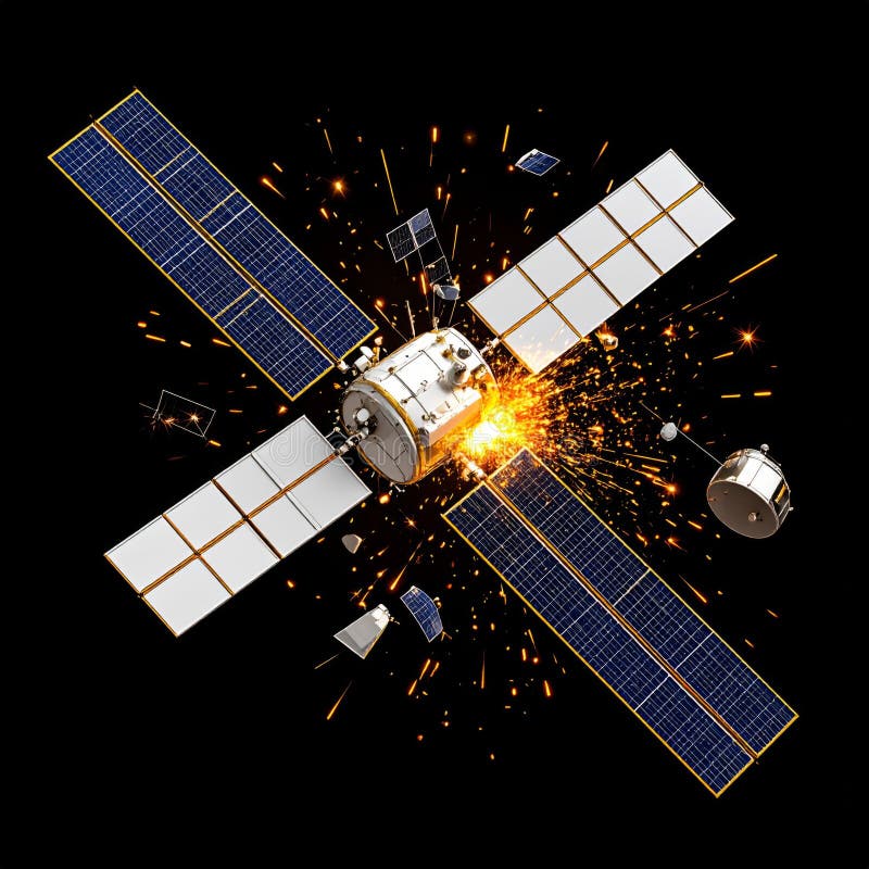 Exploding Satellite in Dark Space Stock Illustration - Illustration of ...