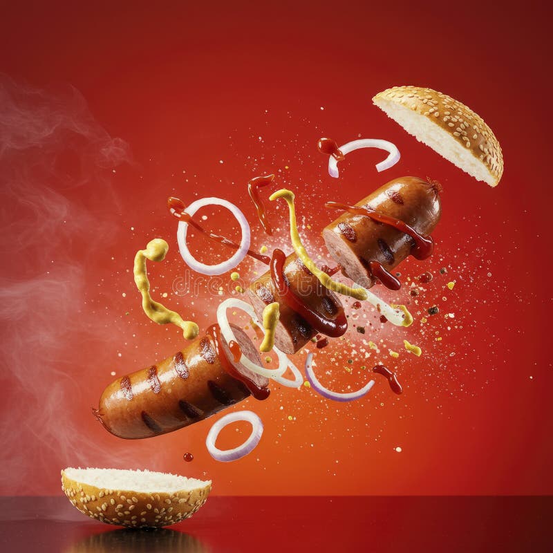 Exploding Sausage with Condiments and Bun Against a Red Backgrou Stock ...