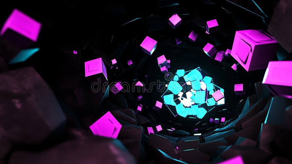 Exploding and Scattering Neon Cubes, Bright and Colorful, Illuminate a ...