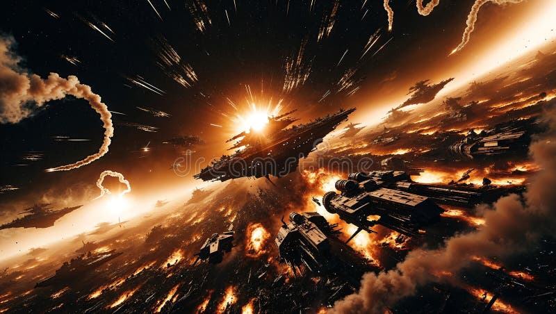 Exploding Ships and Fiery Debris in Cosmic Space War Stock Illustration ...