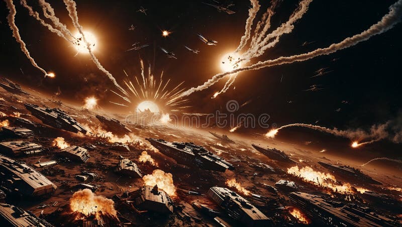 Exploding Ships and Fiery Debris in Space Battle Stock Illustration ...