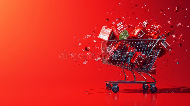 Exploding Shopping Cart with Sale Items and Discount Labels Stock Photo ...