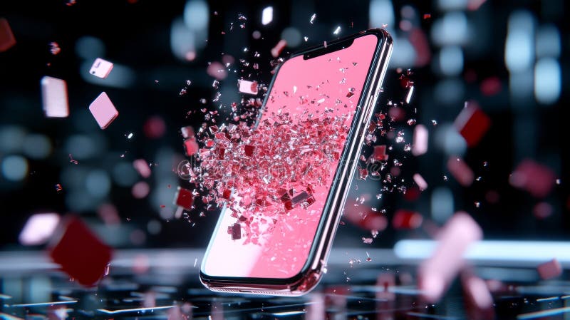 Exploding Smartphone with Shattered Glass in Futuristic Setting Stock ...