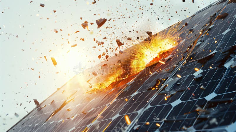 Exploding Solar Panels with Debris Flying in Dramatic Scene. Stock ...