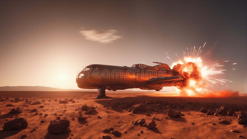 Exploding Spaceship and Ground Vehicle on Mars. Extremely Detailed and ...