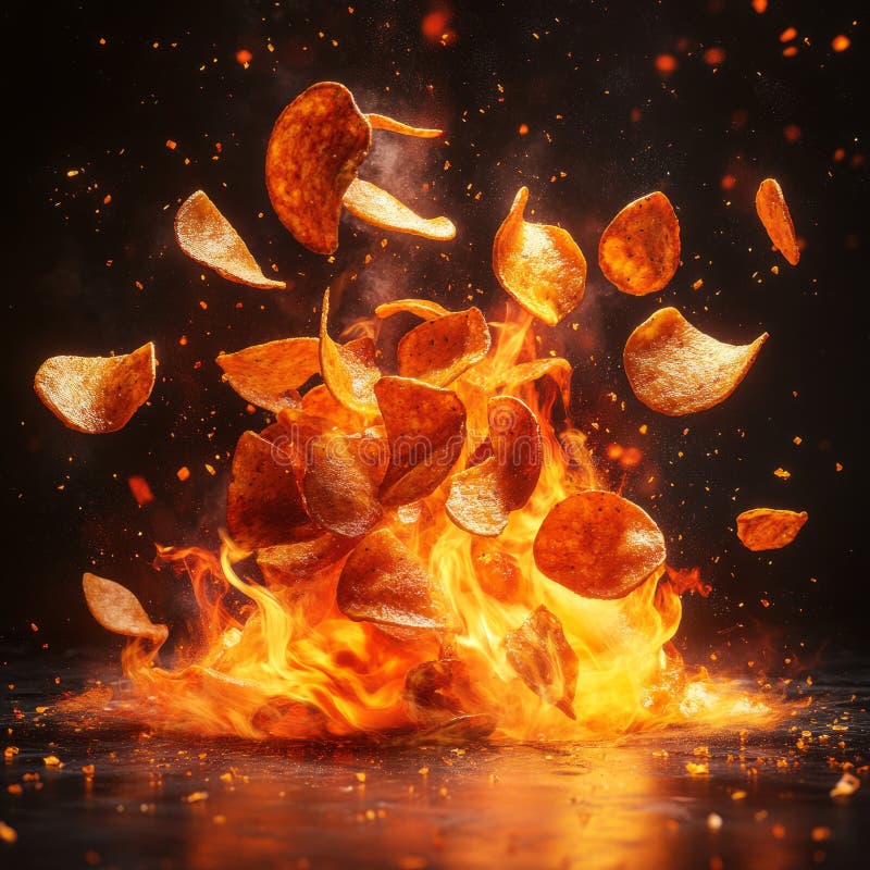 Exploding Spicy Potato Chips with Fiery Flames. Stock Photo - Image of ...