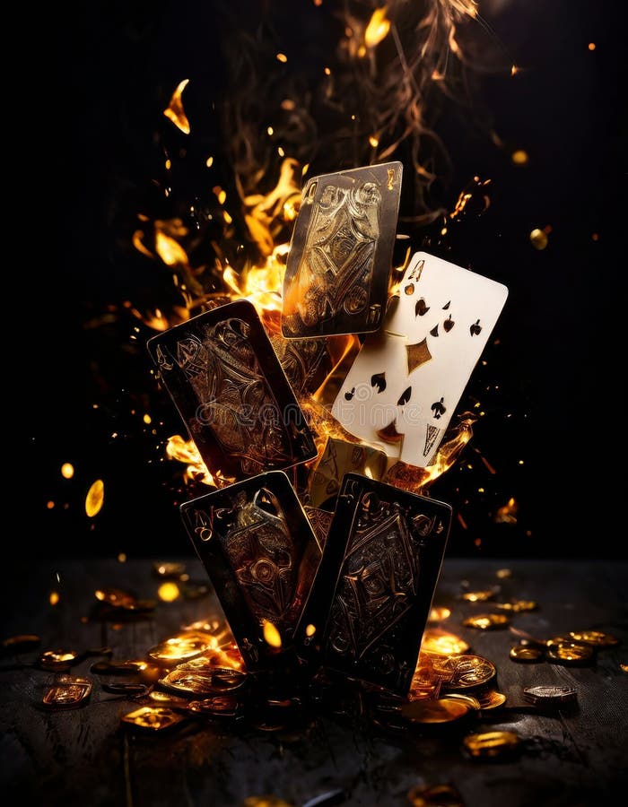 Exploding Stack of Playing Cards Surrounded by Fire and Gold Coins ...