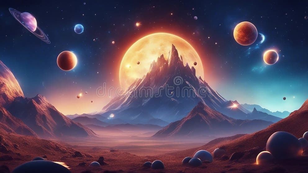 The Exploding Star, Cartoon Alien Fantastic Landscape with Moons and ...