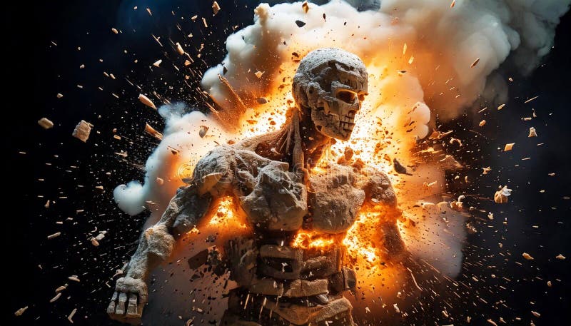 Exploding Stone Skeleton with Fiery Core in Dramatic Burst of Energy ...