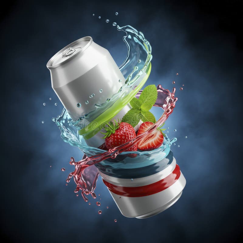 Exploding Strawberry Soda Can with Mint and Splashing Liquid on Stock ...