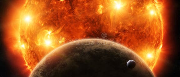 Exploding Sun in Space Close To Planet Earth and Moon Stock ...