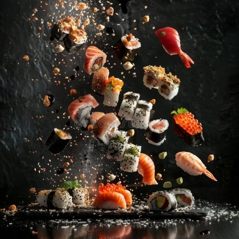 Exploding Sushi Assortment in Dynamic Mid-air Display Stock Photo ...