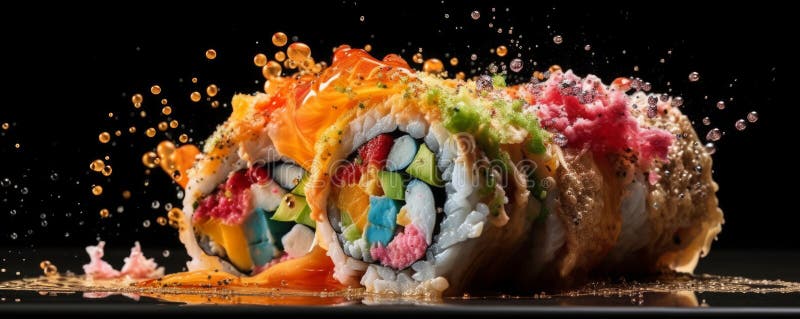 Exploding Sushi Roll on a Plate Isolated on Black Background with ...