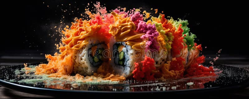 Exploding Sushi Roll on a Plate Isolated on Black Background with ...